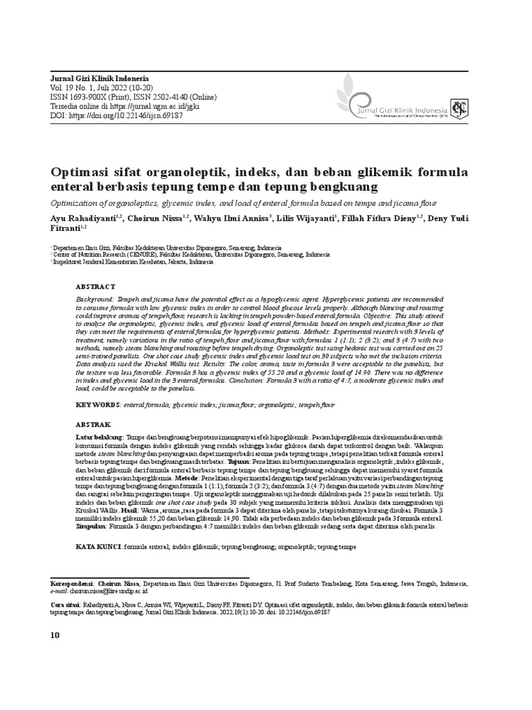 Optimasi Sifat Organoleptik, Indeks, Dan Beban Glikemik Formula Enteral Berbasis Tepung Tempe ...