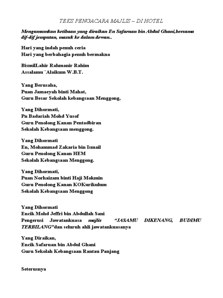 Teks Ucapan Majlis Persaraan Di Hotel | PDF