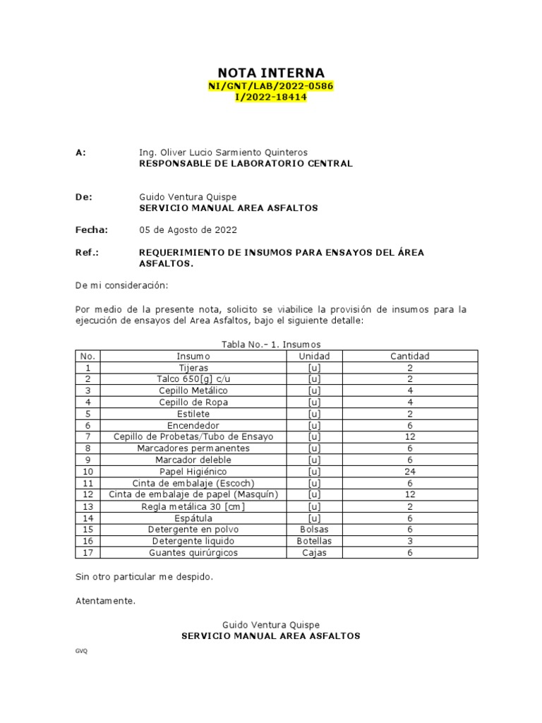 Nota Interna Insumos | PDF