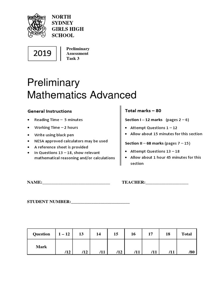 North Sydney Girls 2019 2U Prelim Yearly & Solutions | PDF