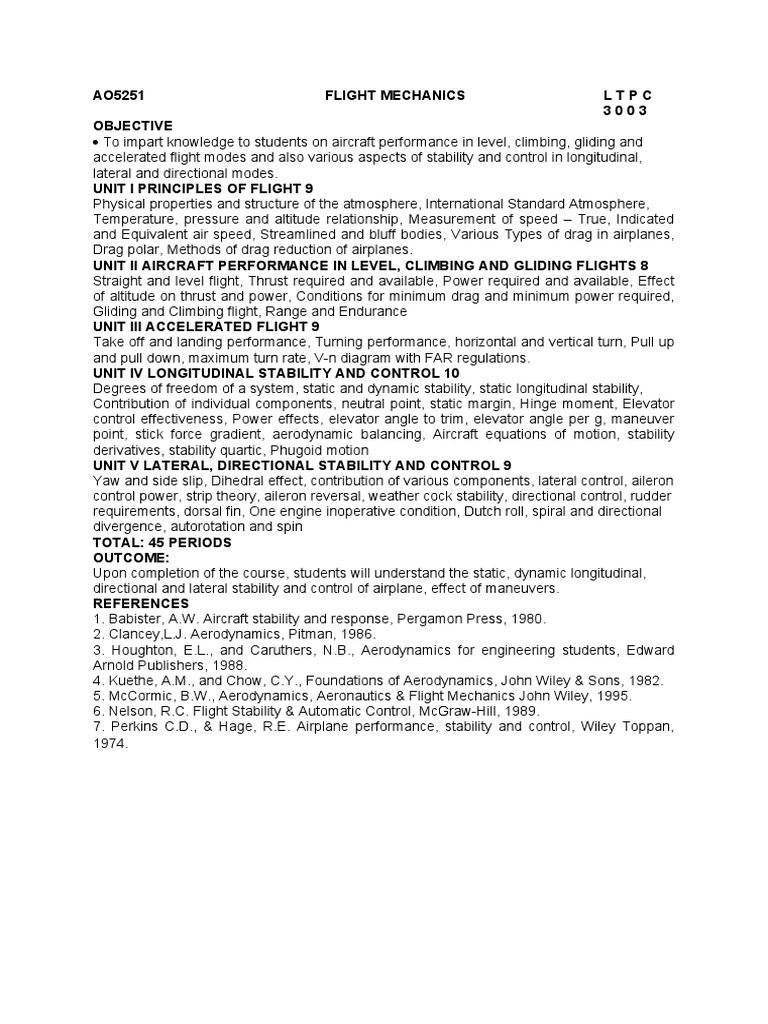 Ao5251 Flight Mechanics L T P C Syllabus | PDF | Flight | Flight ...