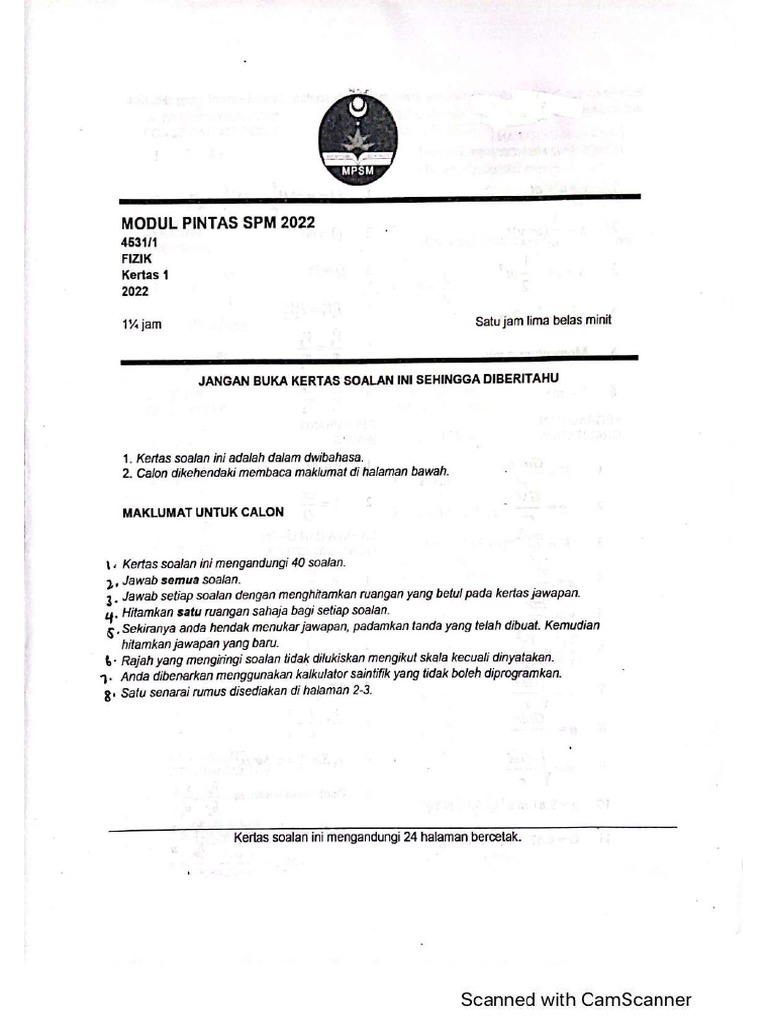 2022 Pahang - MPSM Physics K1 | PDF