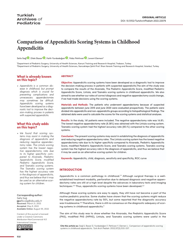Comparison of Appendicitis Scoring Systems in Chil | PDF | Sensitivity ...