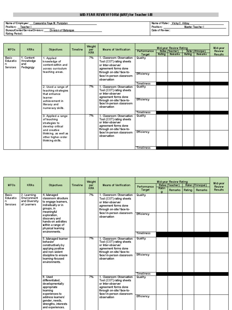 Mid-Year Review Form (MRF) For Teacher I-Iii: Ratee (Teacher) Rater ...