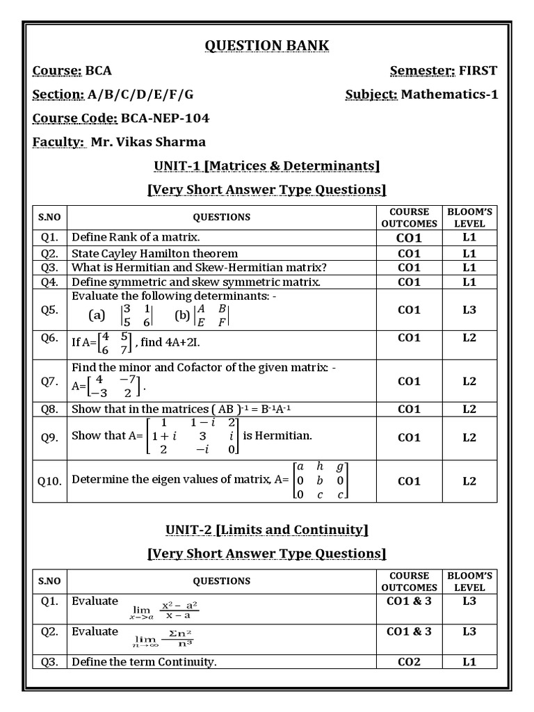 Mathematics Bca Nep-104 Question Bank | PDF | Matrix (Mathematics) | Determinant
