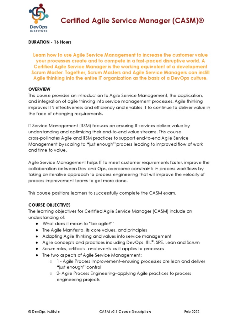 CASM v2.1 Course Description Short - Feb2022 | PDF | Agile Software Development | Scrum ...