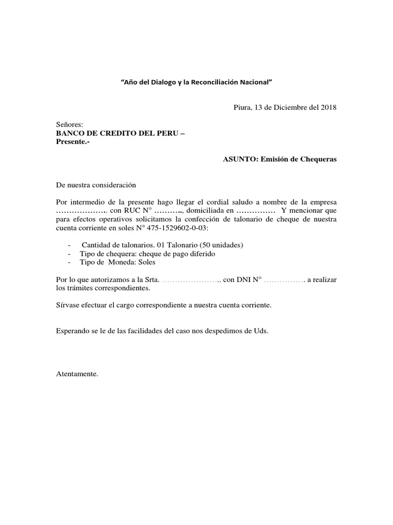 Carta Emision de Chequera | PDF