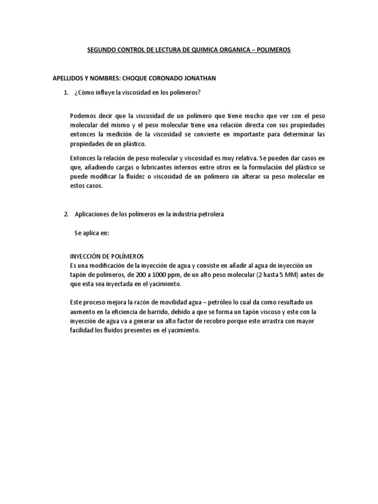 Segundo Control de Lectura de Quimica Organica Jonathan | PDF | Almidón ...