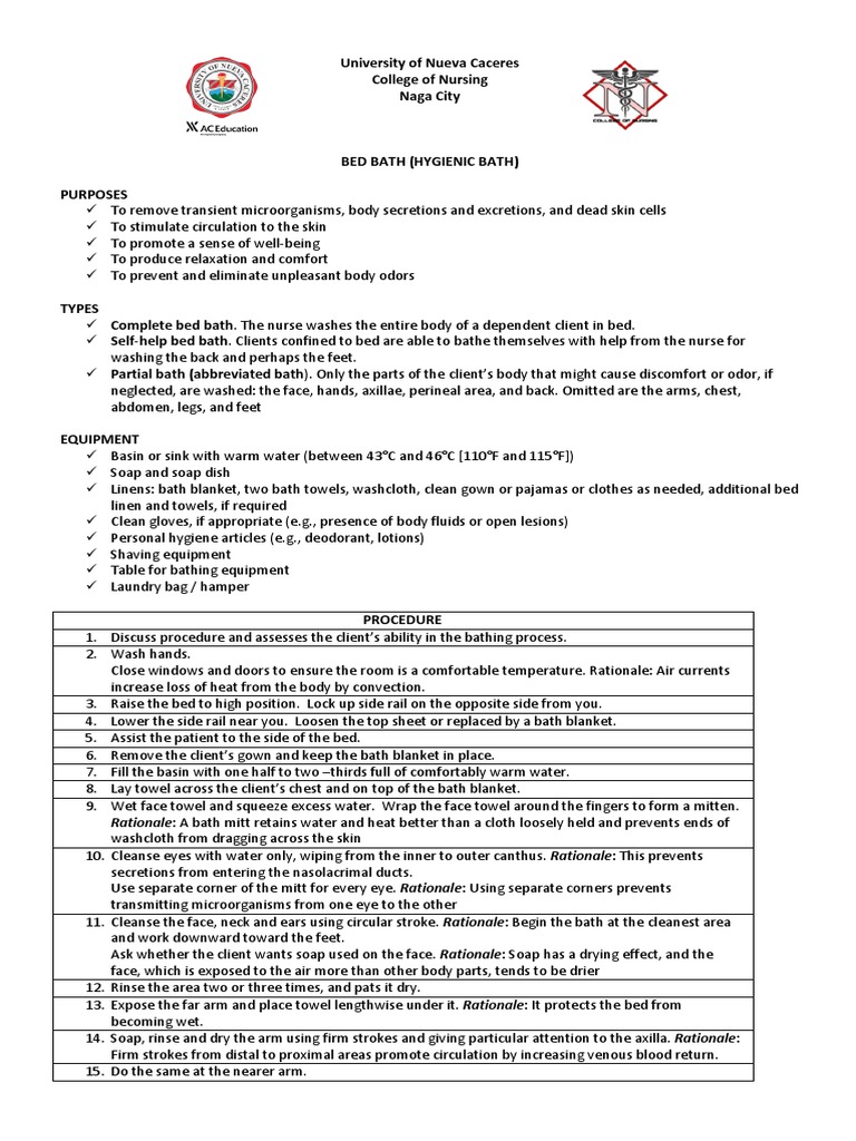 Bed Bath Procedure | PDF | Bathing | Hygiene