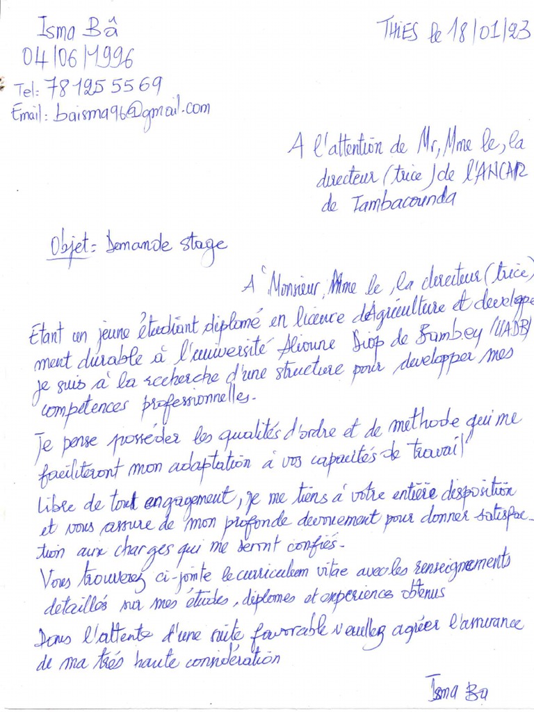 Demande Stage Isma BA | PDF