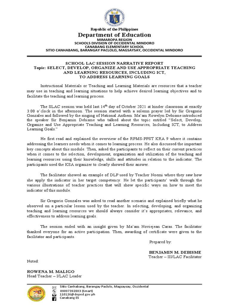 Slac Narrative Report On PPST-RPMS Module 9 | PDF | Learning ...