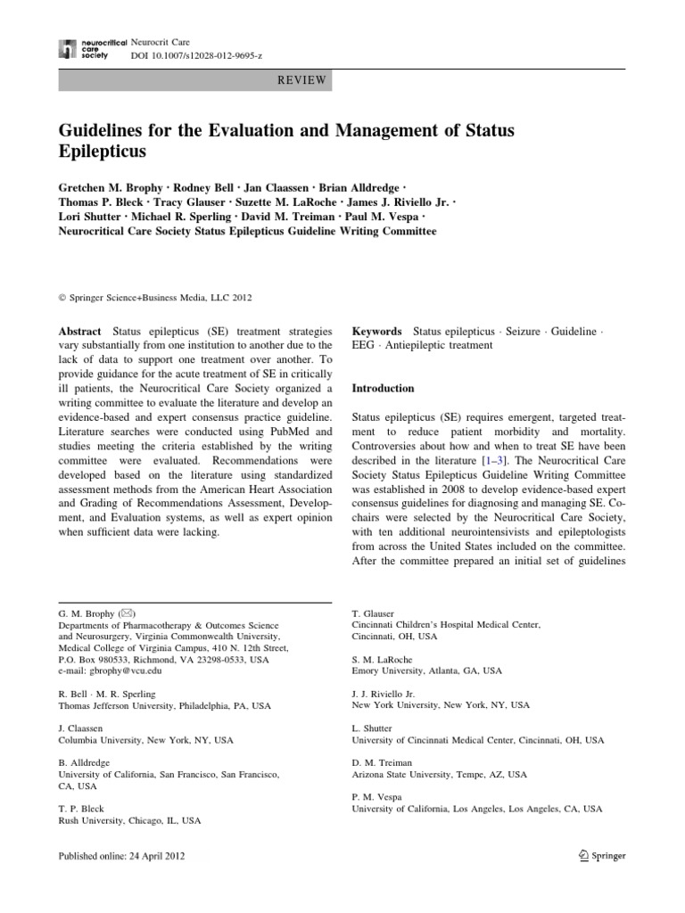 Guidelines for Managing Status Epilepticus | PDF | Epilepsy | Evidence ...