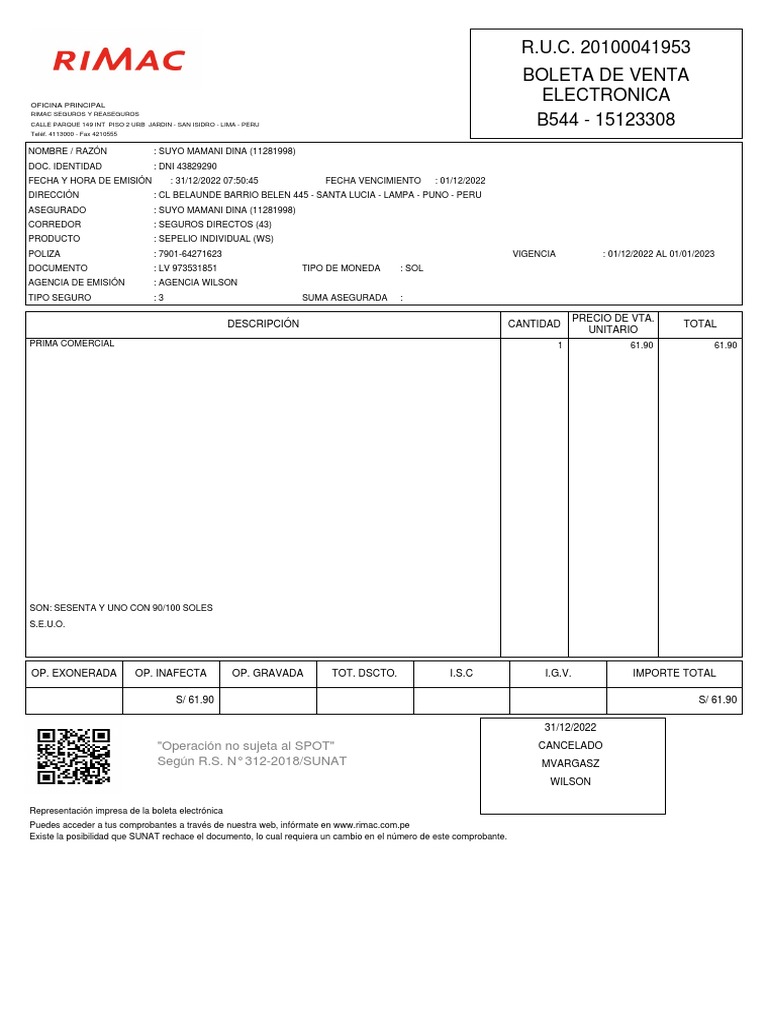 R.U.C. 20100041953 Boleta de Venta Electronica: Descripción Cantidad ...