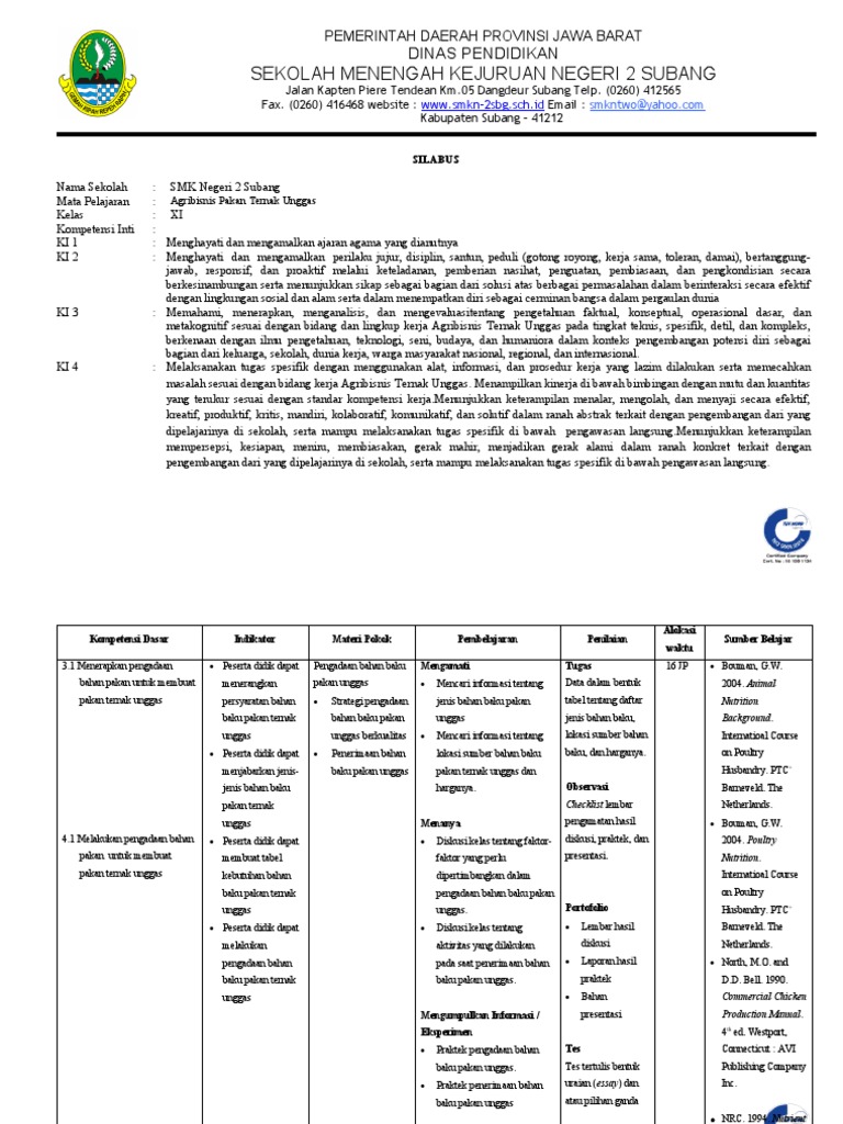 1.silabus ATU Agribisnis Pakan Ternak Unggas Kelas XI (Oke) | PDF