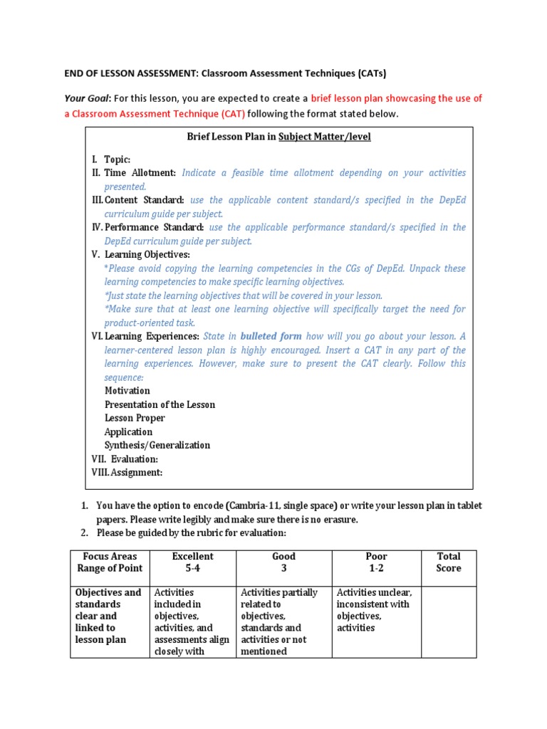 END OF LESSON ASSESSMENT - CATs | PDF | Lesson Plan | Curriculum