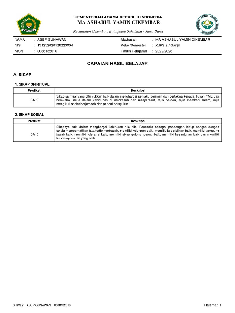 Rapor Kelas X.IPS.2 | PDF