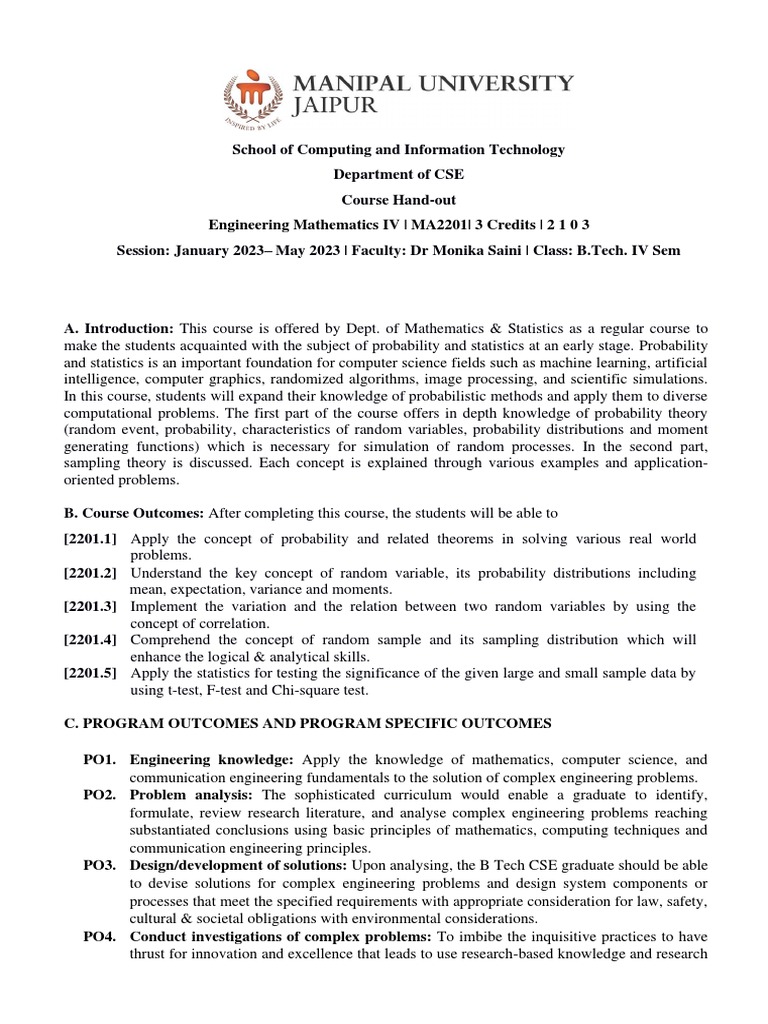 Course Handout - MA2201 - Jan-May 2023 | PDF | Probability Distribution | Statistics