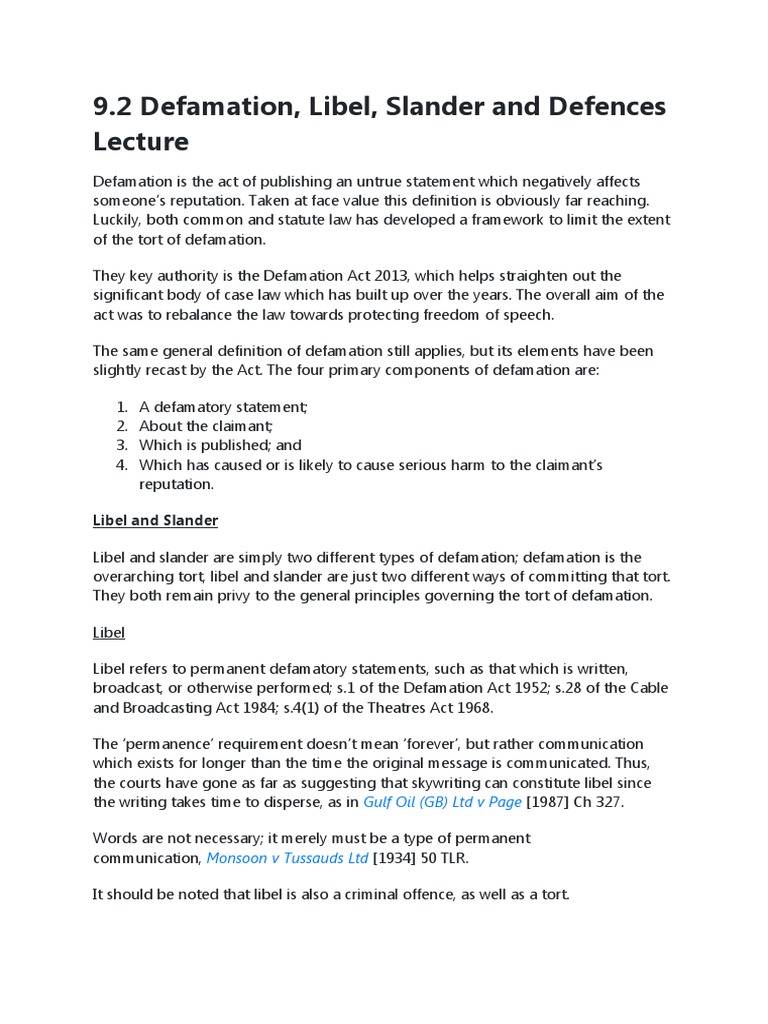 Defamation Notes | PDF | Defamation | Justice