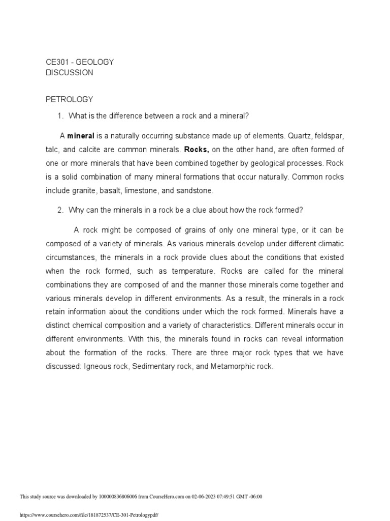 CE 301-GEOLOGY (Petrology) PDF | PDF