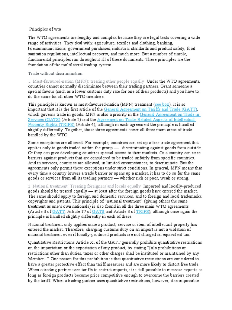 Principles of wto | PDF | World Trade Organization | Most Favoured Nation