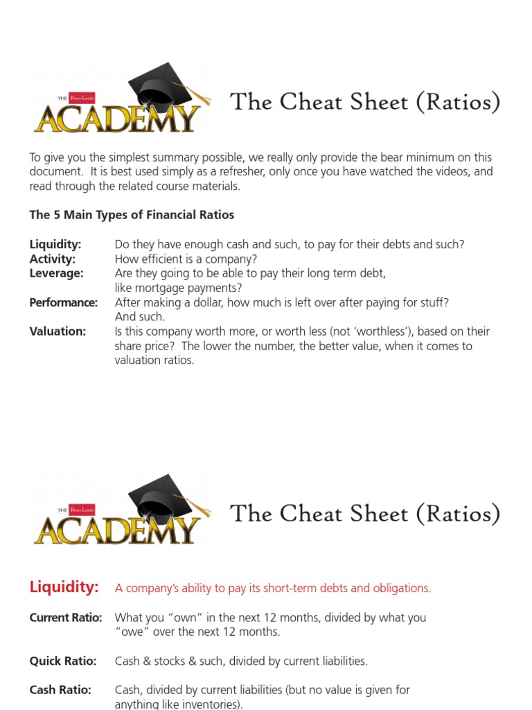 The Cheat Sheet Ratios | PDF | Debt | Revenue