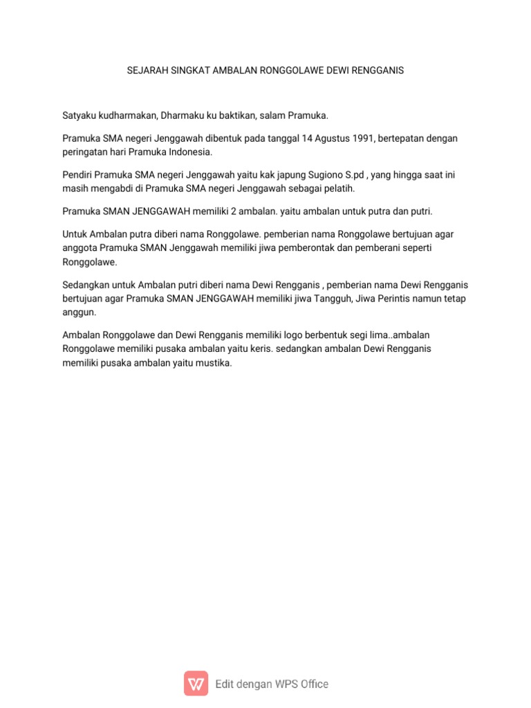 Sejarah Singkat Ambalan Ronggolawe Dewi Rengganis Pramuka SMAN Jenggawah | PDF