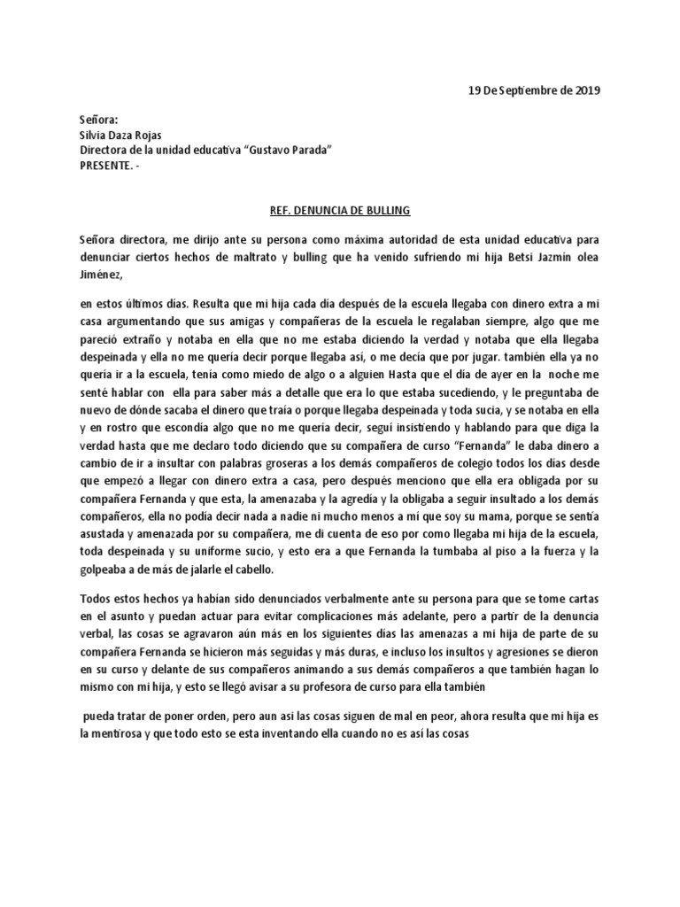 Modelo de Carta Denuncia A Colegio | PDF