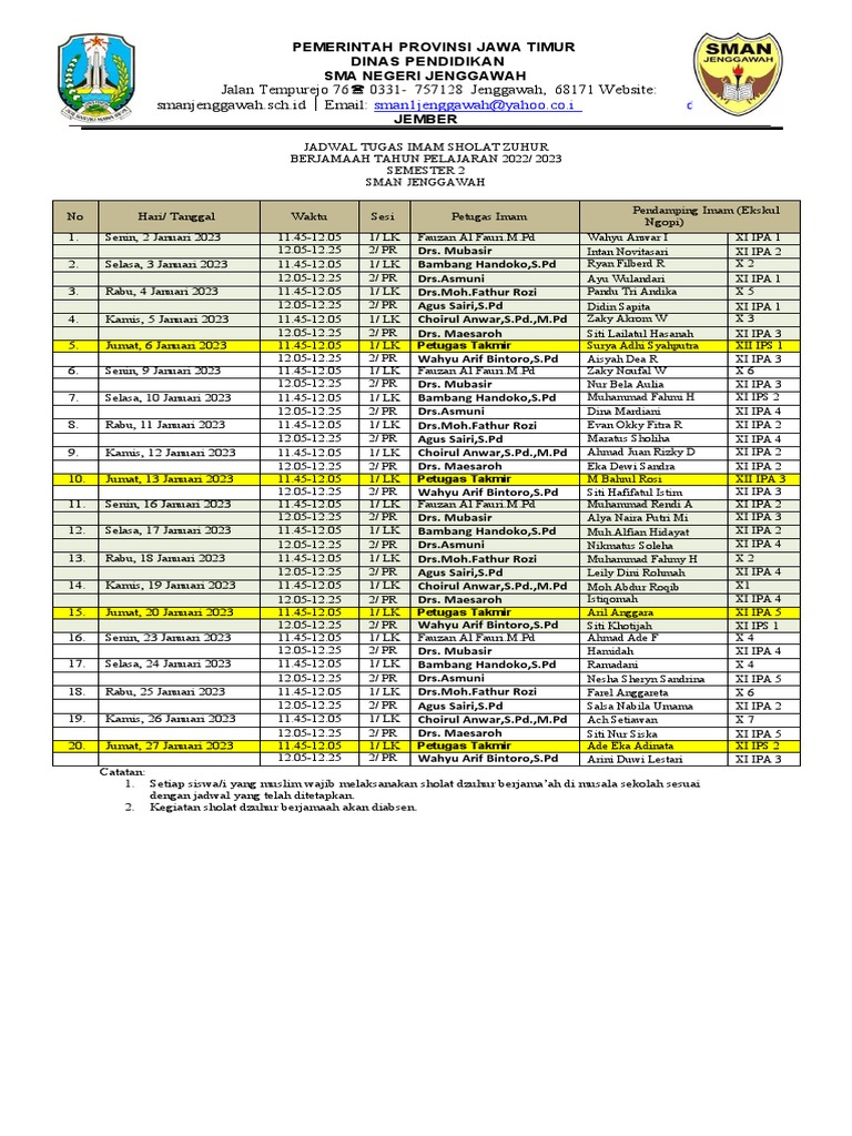 Jadwal Tugas Imam Sholat Zuhur Berjamaah 2022 | PDF