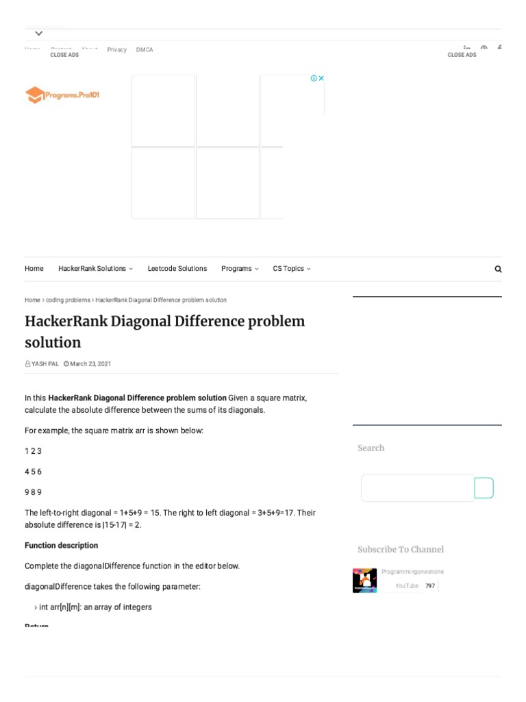 HackerRank Diagonal Difference Problem Solution | Download Free PDF | Matrix (Mathematics ...