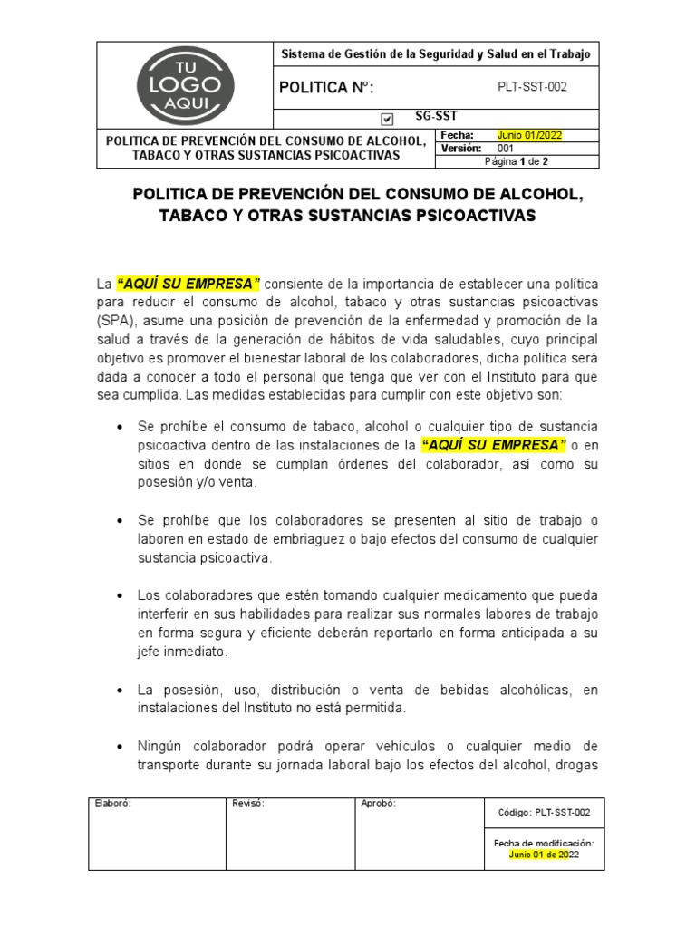 PLT-SST-002 Política de Prevención Del Consumo de Alcohol, Tabaco y ... PLT-SST-002 Política de Prevención Del Consumo de Alcohol, Tabaco y ...