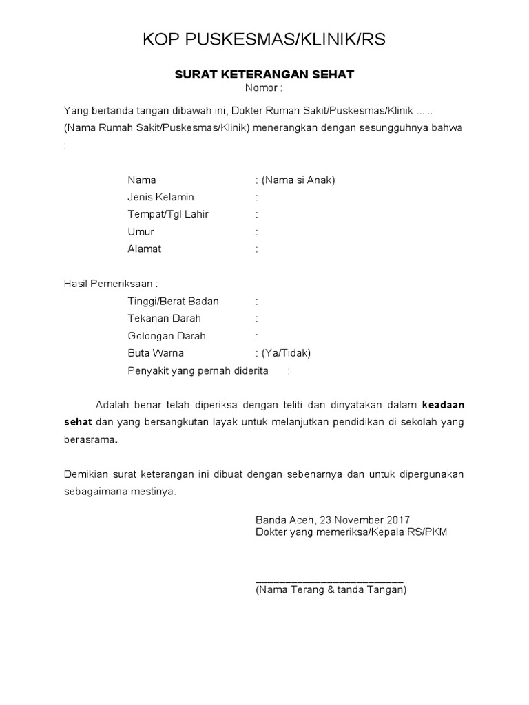 Surat Keterangan Sehat Dari Dokter | PDF