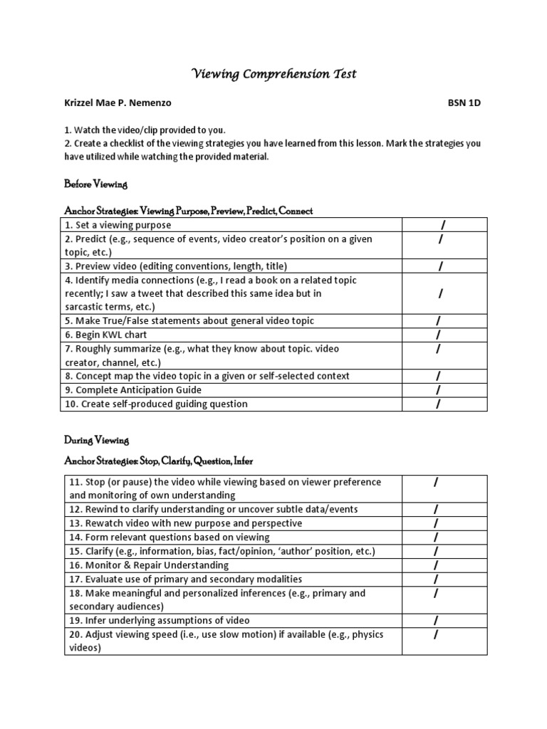Viewing Comprehension Test | PDF | Reading Comprehension | Understanding