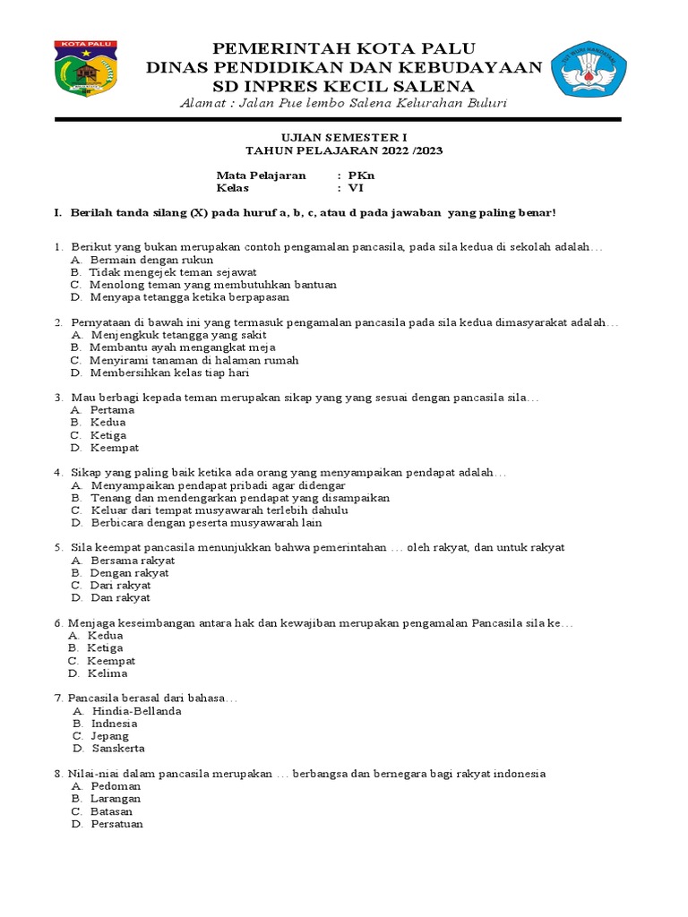 Ujian Semester PKn Kelas VI SD Inpres Kecil Salena: Soal-soal dan Kunci ...