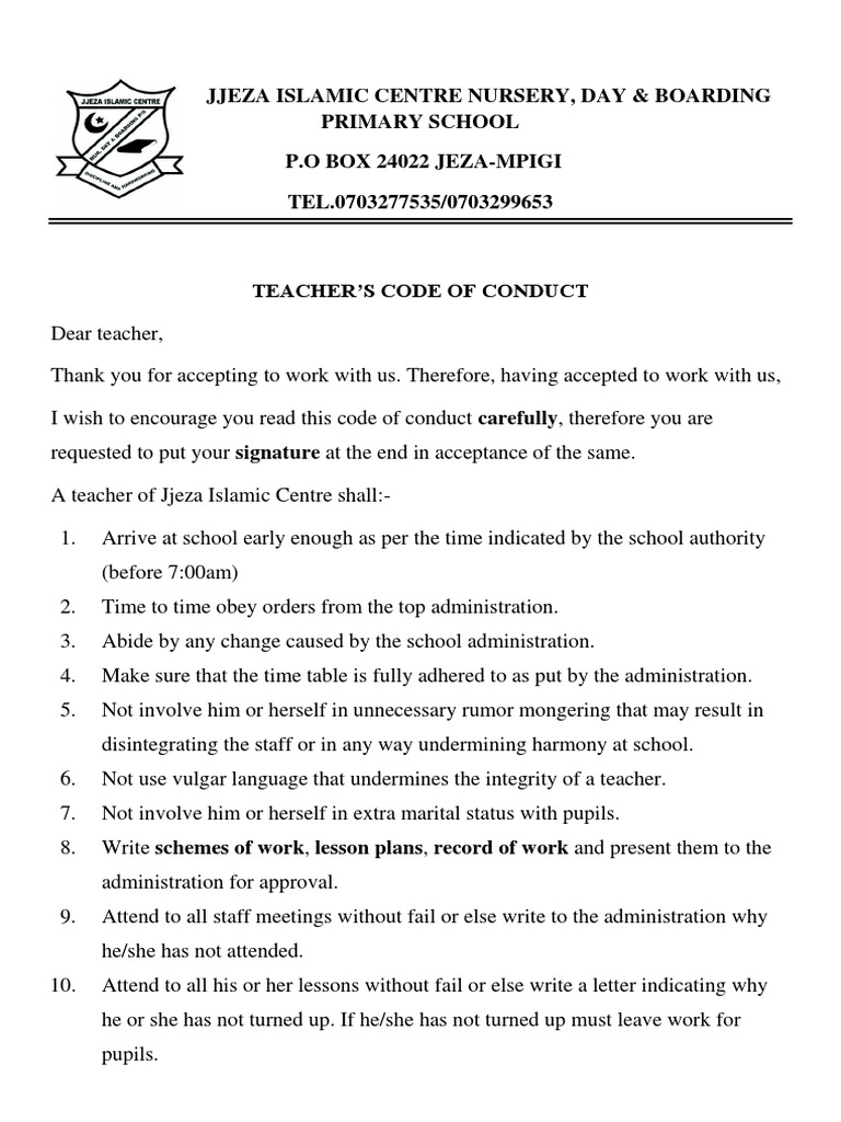 TEACHERS CoDE OF CONDUCT (JEZA ISLAMIC) | PDF | Behavior Modification ...