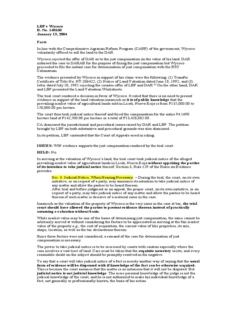 Evidence - LBP V Wycoco | PDF | Judicial Notice | Trials