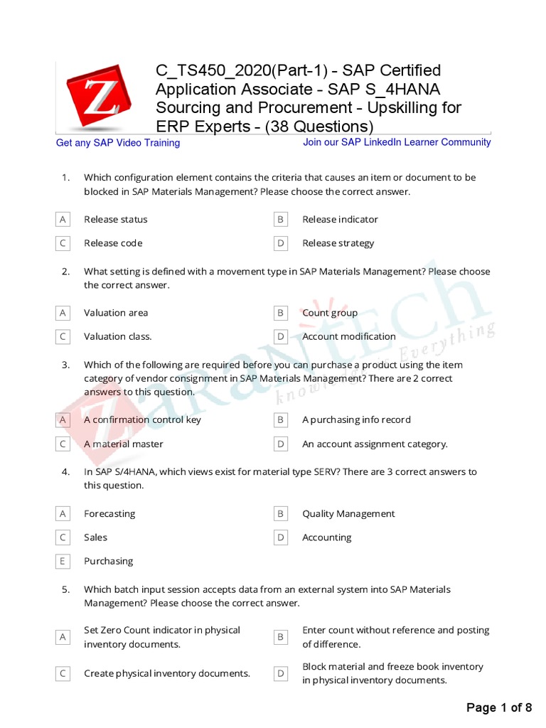 C - TS450 - 2020 (Part-1) - SAP S - 4HANA Sourcing & Procurement | PDF | Customer Relationship ...