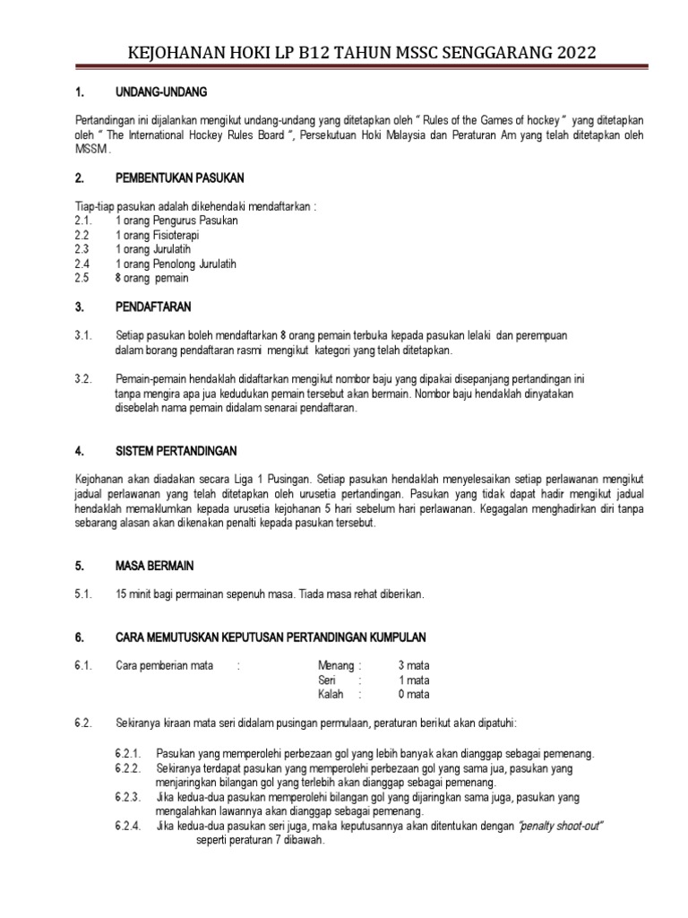 Format Pertandingan Hoki MSSC Senggarang | PDF