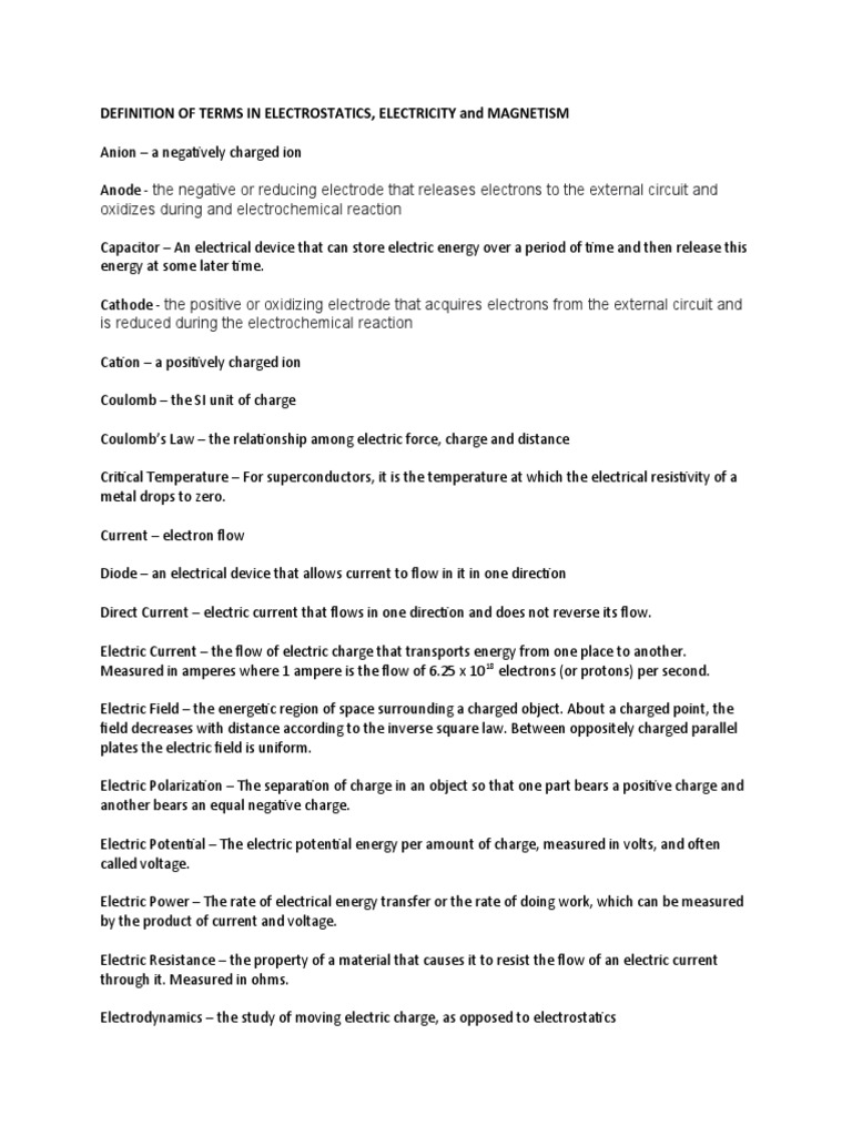 Definition of Terms in Electrostatics and Electricity and Magnetism ...