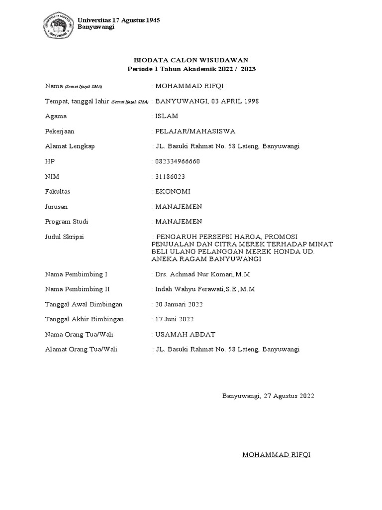 Biodata MOHAMMAD RIFQI | PDF