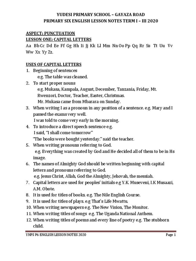 P.6-ENGLISH-LESSON-NOTES-TERM-ONE-2020 | PDF | Grammatical Gender | Pronoun