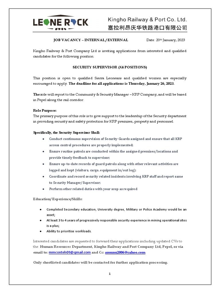 Security Supervisor Job Vacancy | PDF