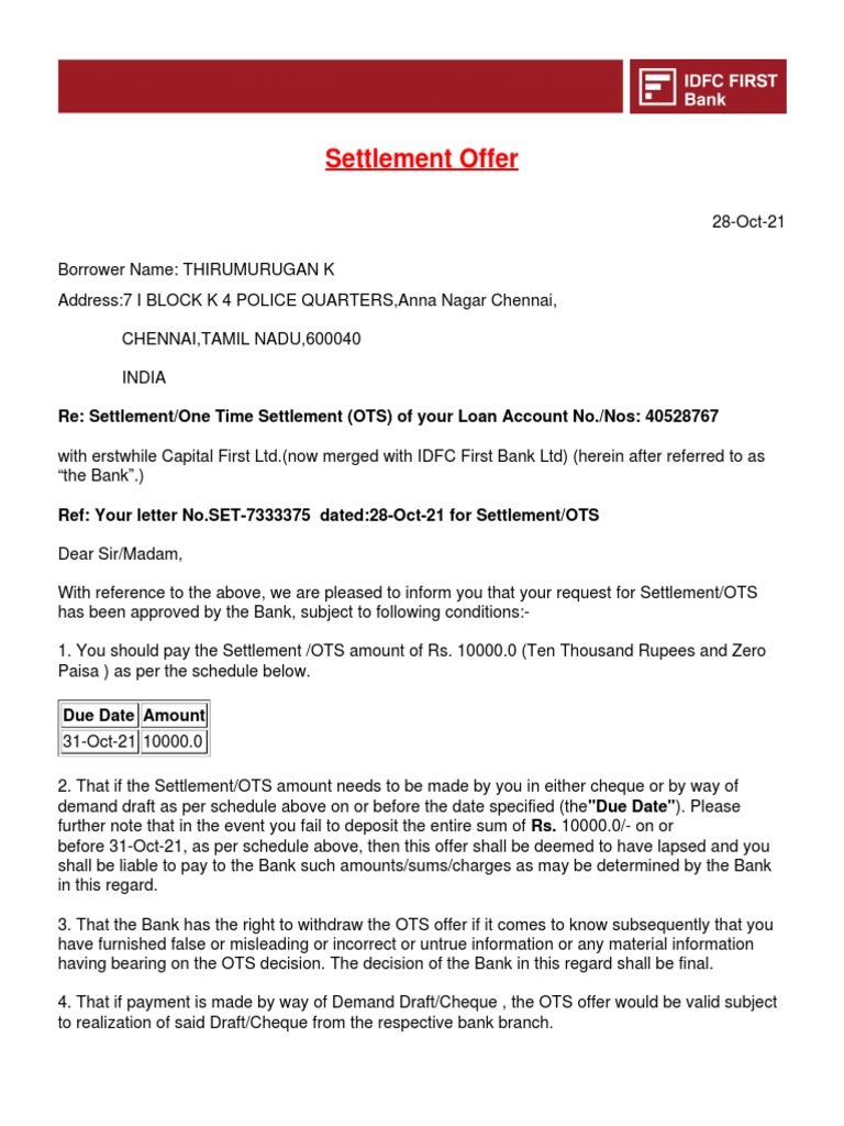 Offer of Settlement: Payment Terms and Conditions for Closing Loan Account Number 40528767 | PDF ...