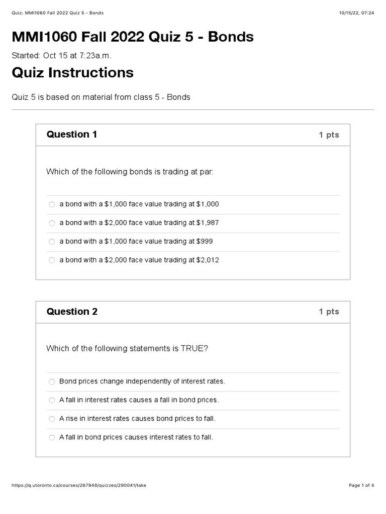 MMI1060 Fall 2022 Quiz 5: Bonds | PDF | Bonds (Finance) | Economies