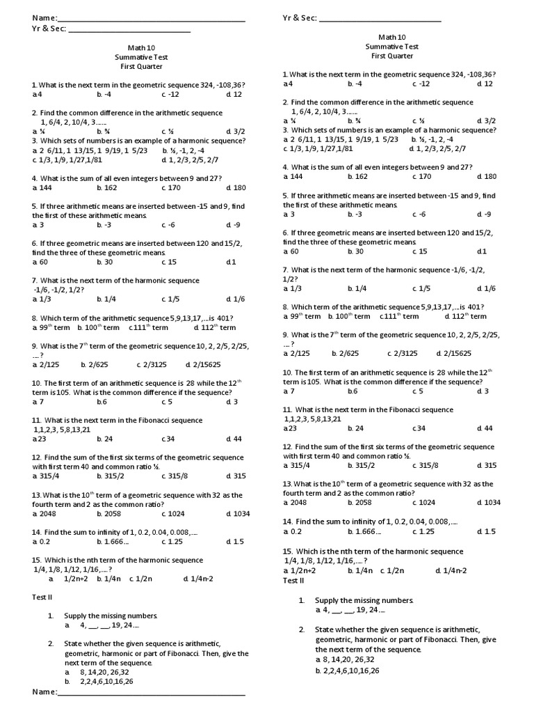 Math 10 Summative Test Quarter 1 | PDF | Summation | Mathematics