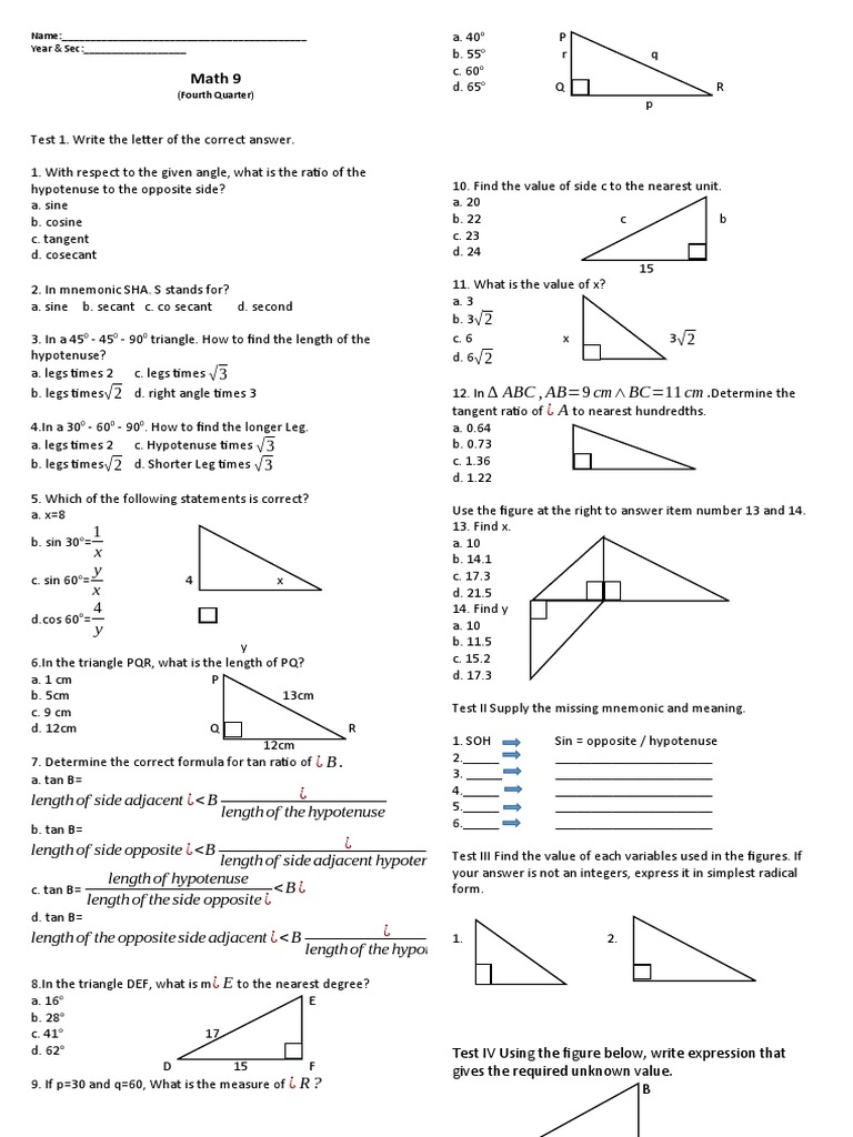 Gr 9 4th Quarter Exam Pdf Trigonometric Functions Euclidean Plane Geometry