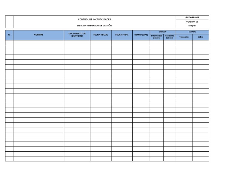 GATH-FR-006 Control de Incapacidades V1 | PDF