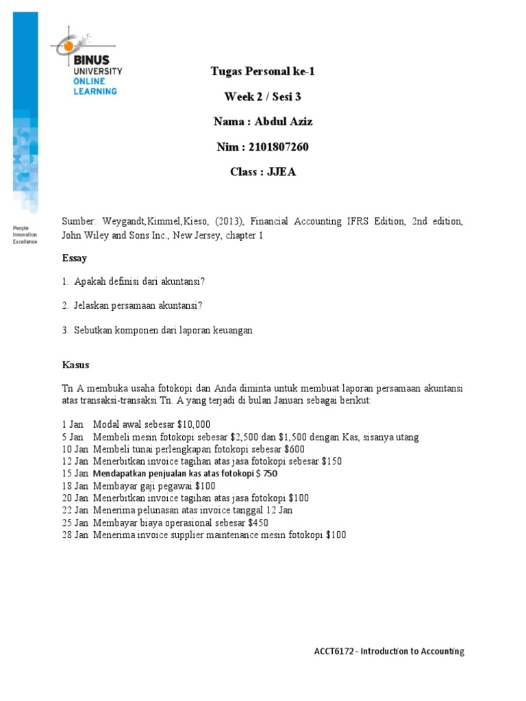 Tugas Personal Ke-1 Week 2 / Sesi 3 Nama: Abdul Aziz Nim: 2101807260 Class: JJEA | PDF