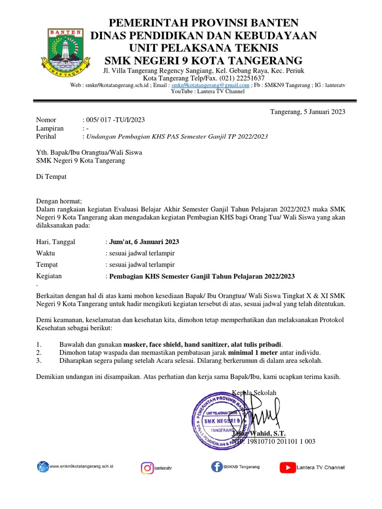 Surat Undangan Pembagian KHS SMT Ganjil 2223 | PDF