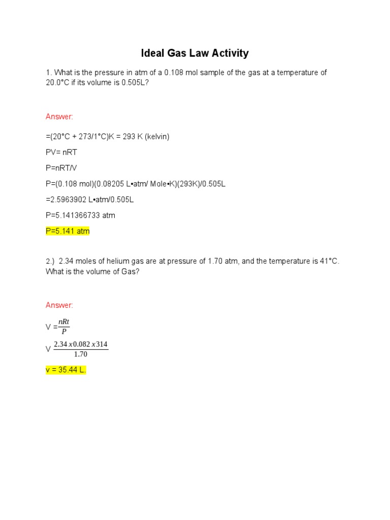 Ideal Gas Law Calculations Guide | PDF