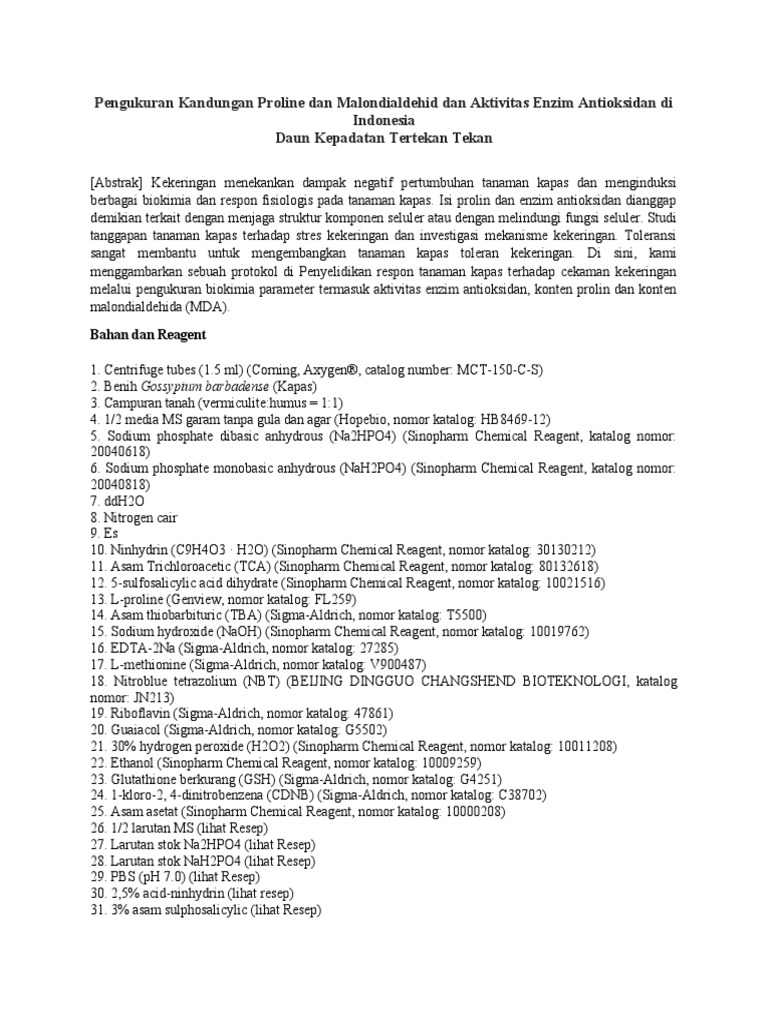 Pengukuran Kandungan Proline Dan Malondialdehid Dan Aktivitas Enzim ...